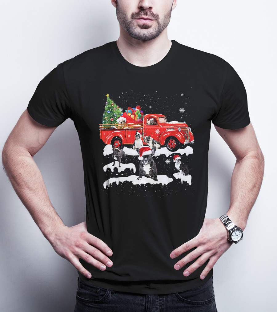 French Bulldog Christmas Red Truck With Santa Hats And Gifts T-Shirt
