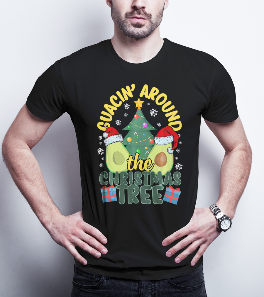 Guacin' Around The Christmas Tree Snowflakes Presents Santa Hats T-Shirt