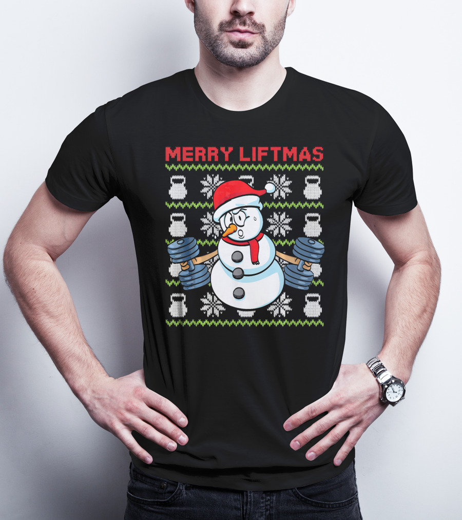 Merry Liftmas Fitness Snowman Xmas Weightlifting Kettlebells T-Shirt