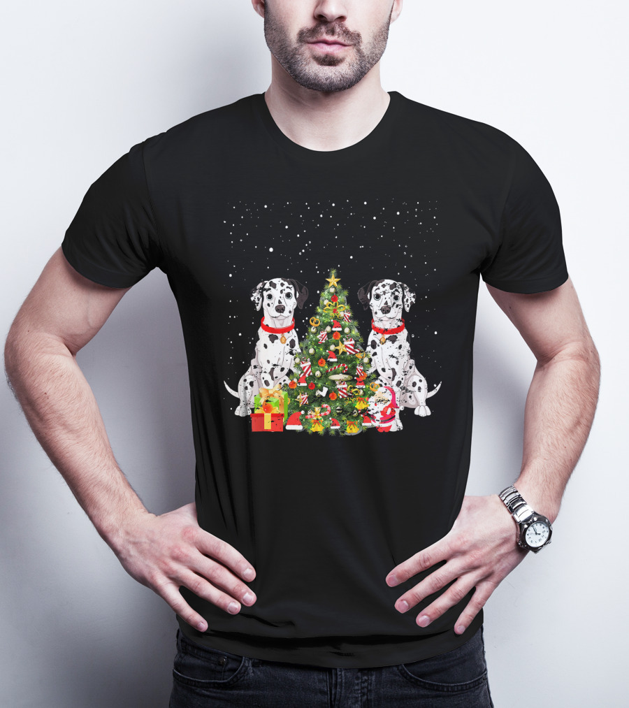 Dalmatian Christmas Tree Dalmatian Holiday Costume With Gifts And Santa T-Shirt