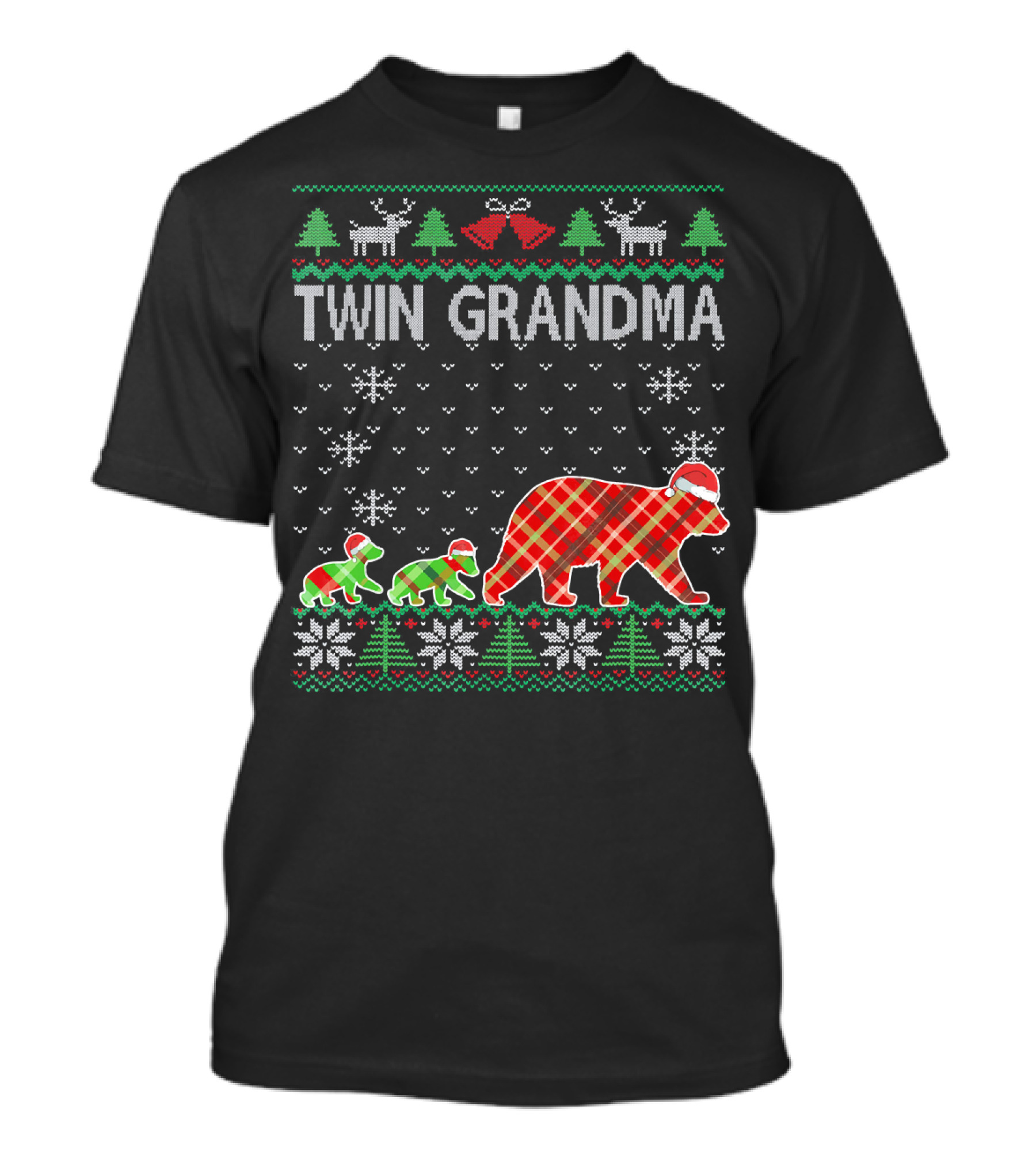Twin Grandma Matching Ugly Christmas Plaid Bear Family Snowflakes Trees T-Shirt