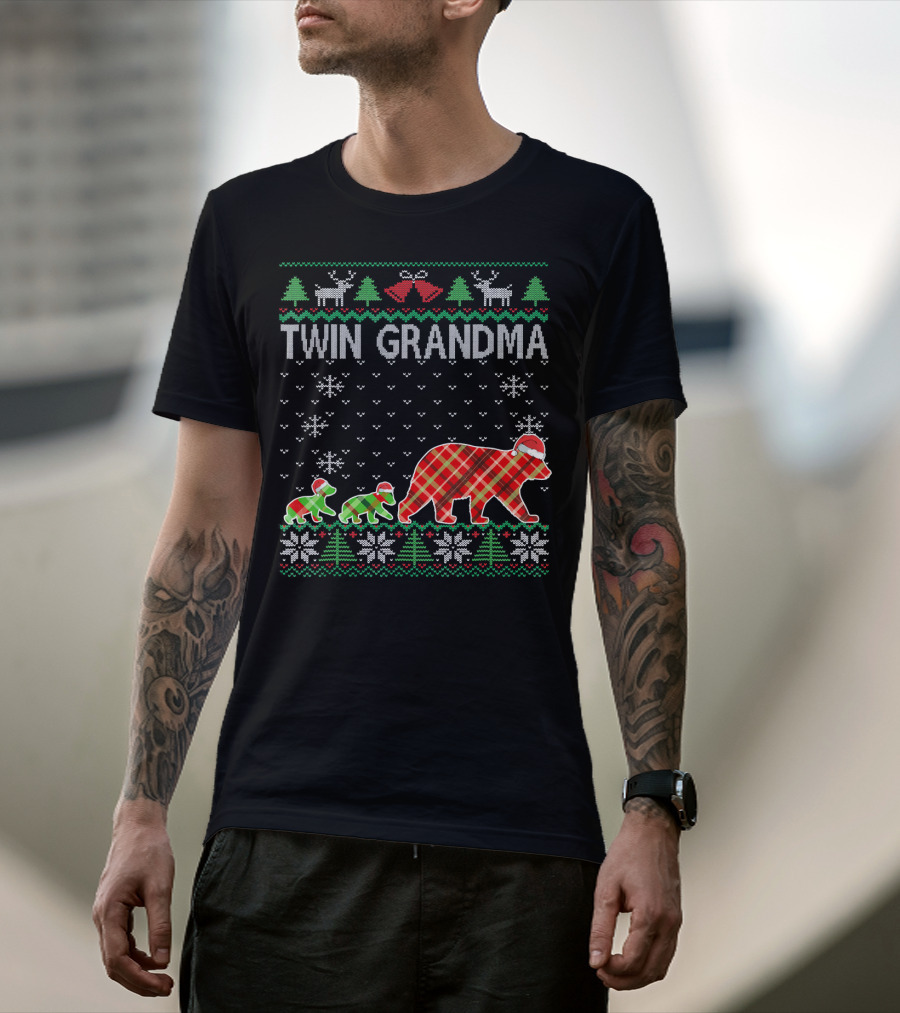 Twin Grandma Matching Ugly Christmas Plaid Bear Family Snowflakes Trees T-Shirt