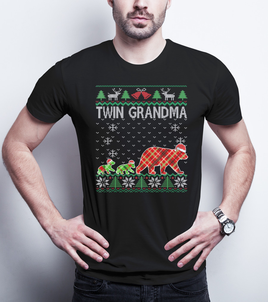 Twin Grandma Matching Ugly Christmas Plaid Bear Family Snowflakes Trees T-Shirt