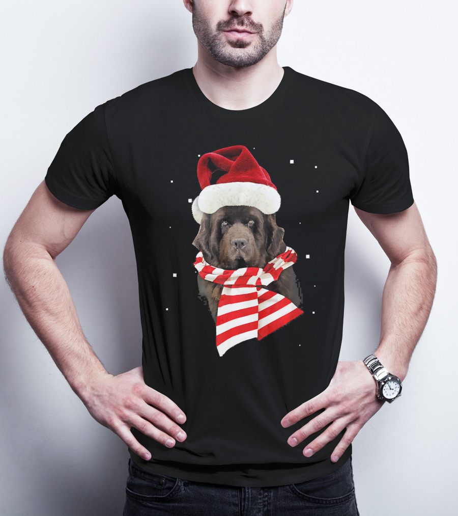 Newfoundland Santa Merry Christmas Dog With Red Hat And Scarf T-Shirt