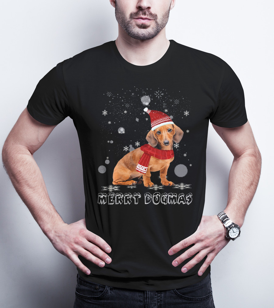 Merry Dogmas Dachshund Dog In Snow With Santa Hat And Scarf T-Shirt