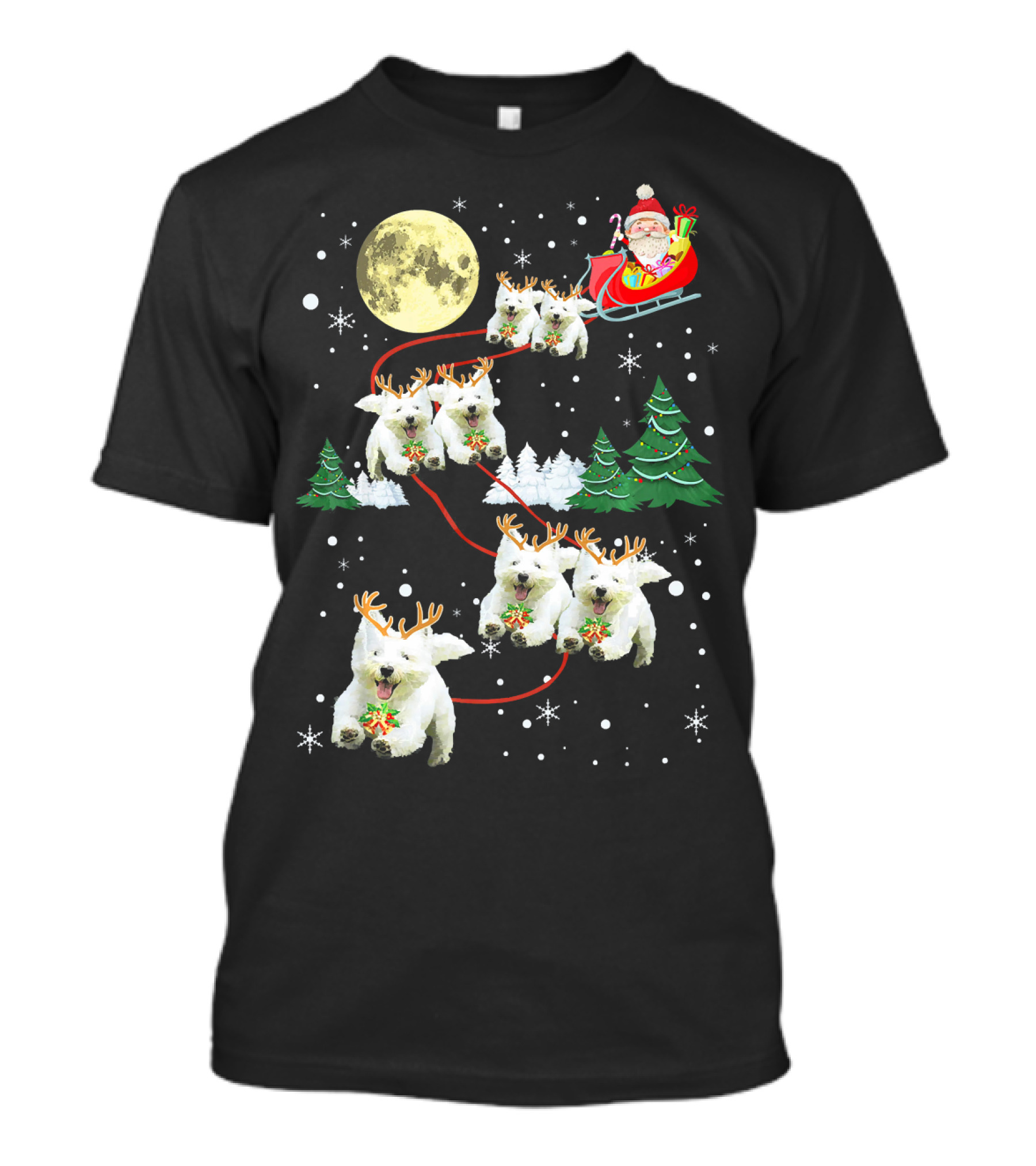Santa Sleigh With Westie Reindeer Christmas Moon And Trees T-Shirt
