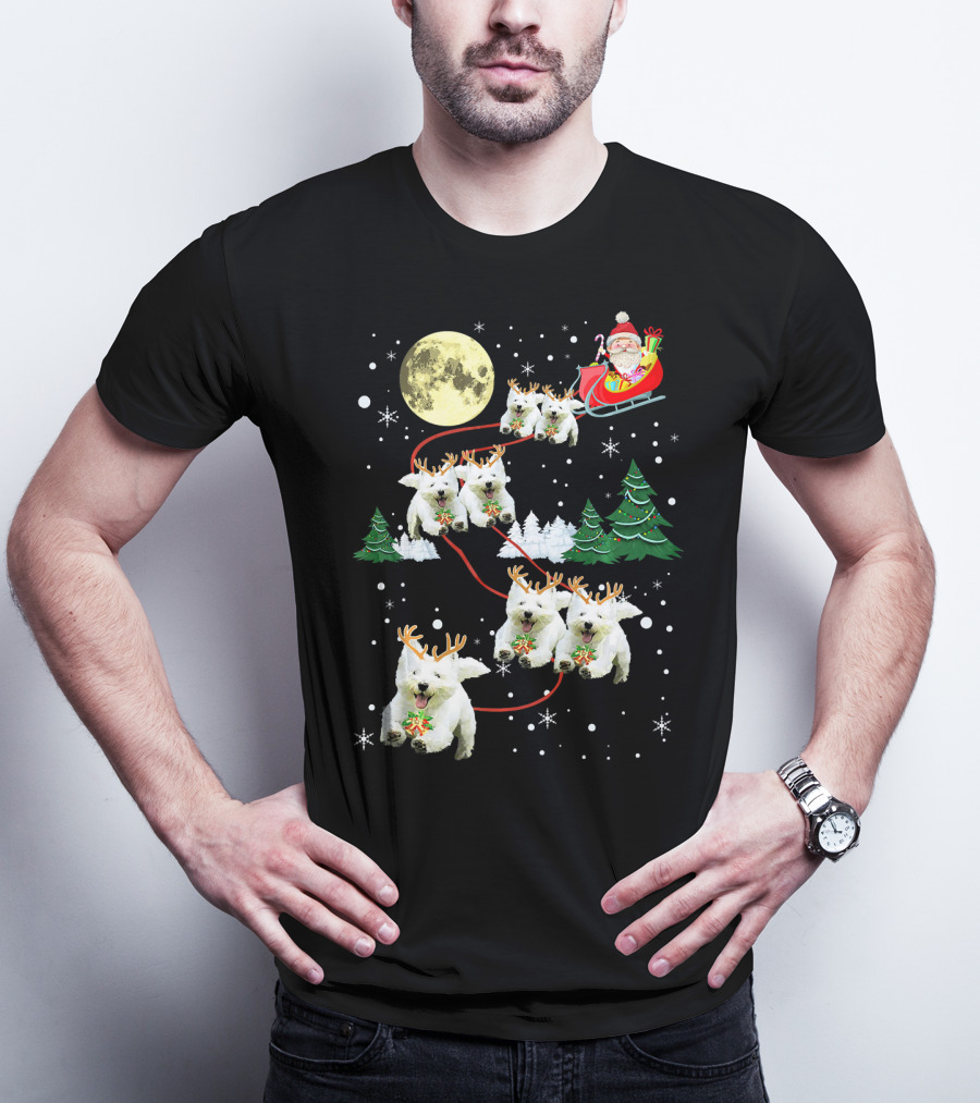 Santa Sleigh With Westie Reindeer Christmas Moon And Trees T-Shirt