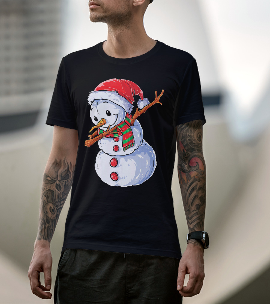 Festive Snowman With Santa Hat And Striped Scarf T-Shirt