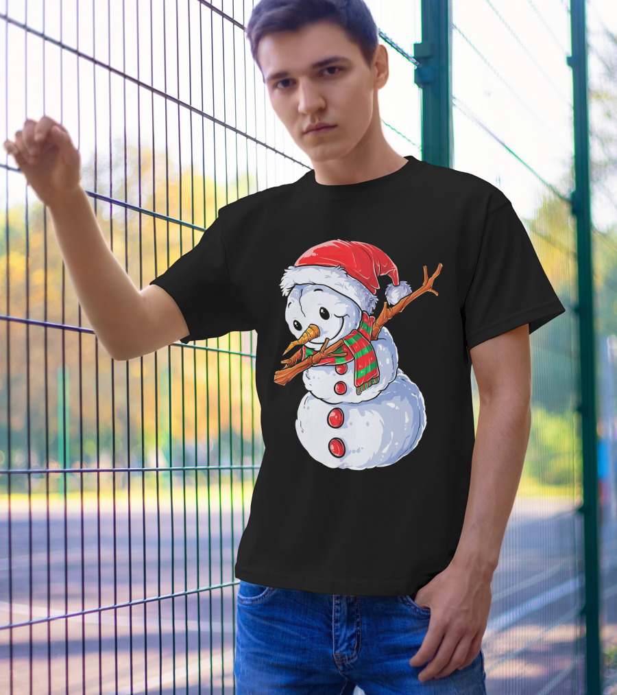 Festive Snowman With Santa Hat And Striped Scarf T-Shirt