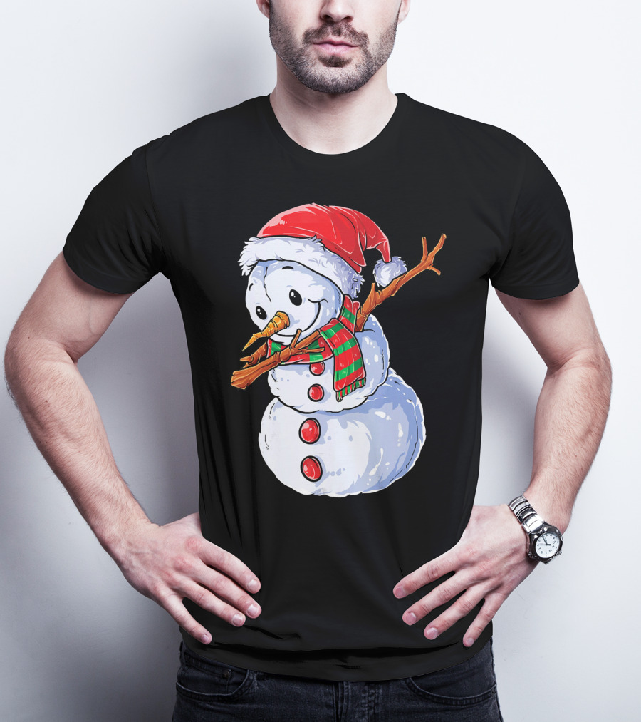 Festive Snowman With Santa Hat And Striped Scarf T-Shirt