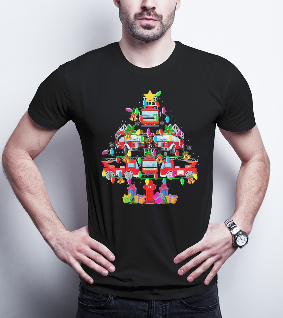 Fire Truck Christmas Tree With Decorations And Gifts T-Shirt