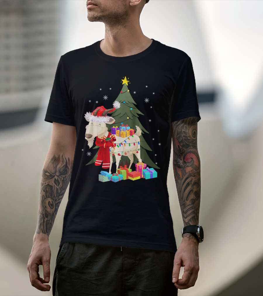 Goat Christmas Lights Funny Goat Santa Hat Presents Tree Snowflakes T-Shirt