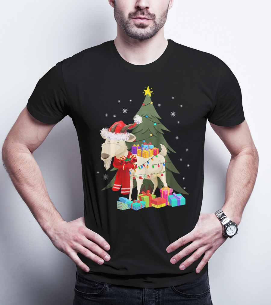 Goat Christmas Lights Funny Goat Santa Hat Presents Tree Snowflakes T-Shirt