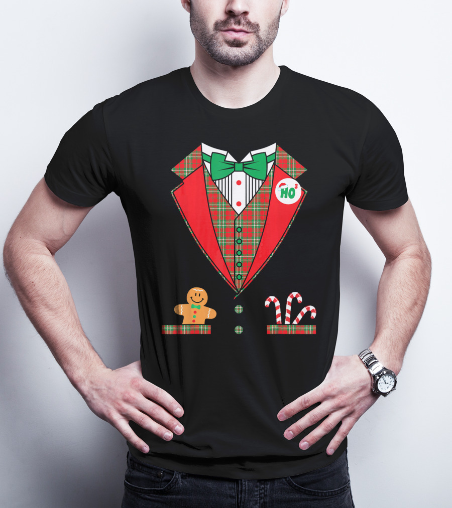 Funny Christmas Costume Tuxedo Ho Ho Ho Bow Tie Gingerbread Candy Cane T-Shirt