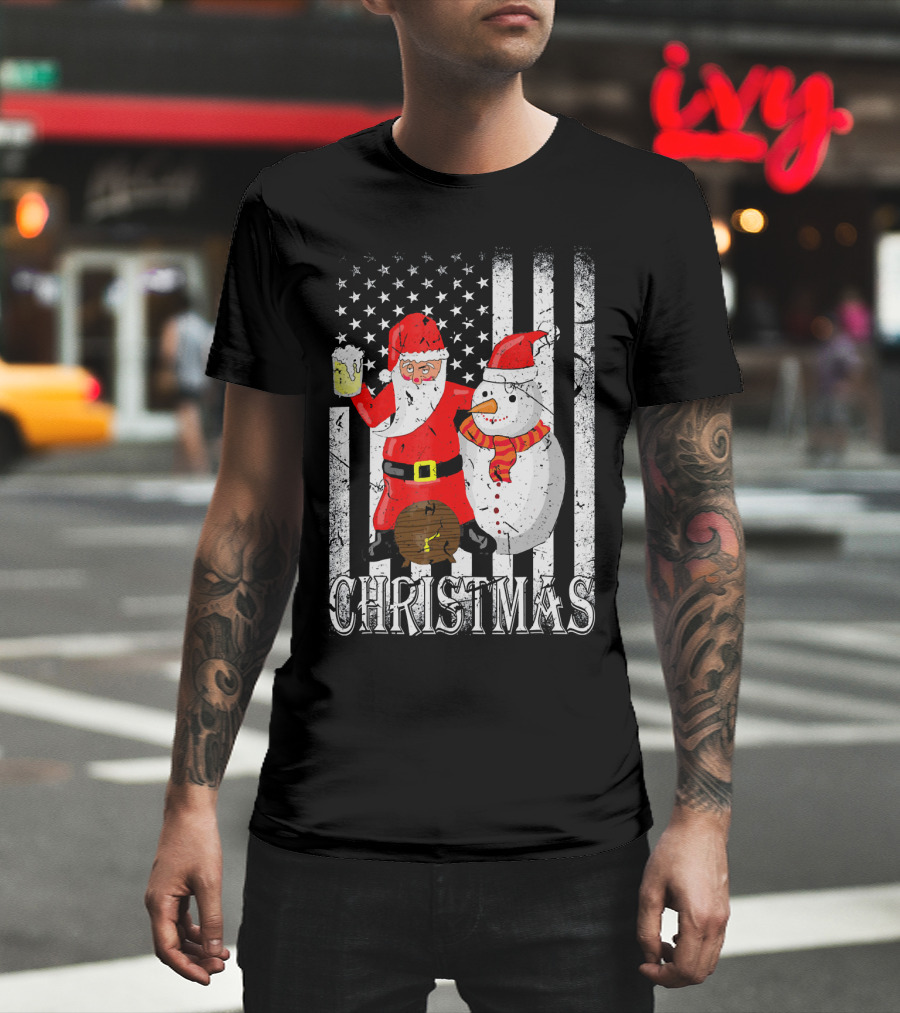 Christmas Santa Claus Snowman With Beer American Flag T-Shirt