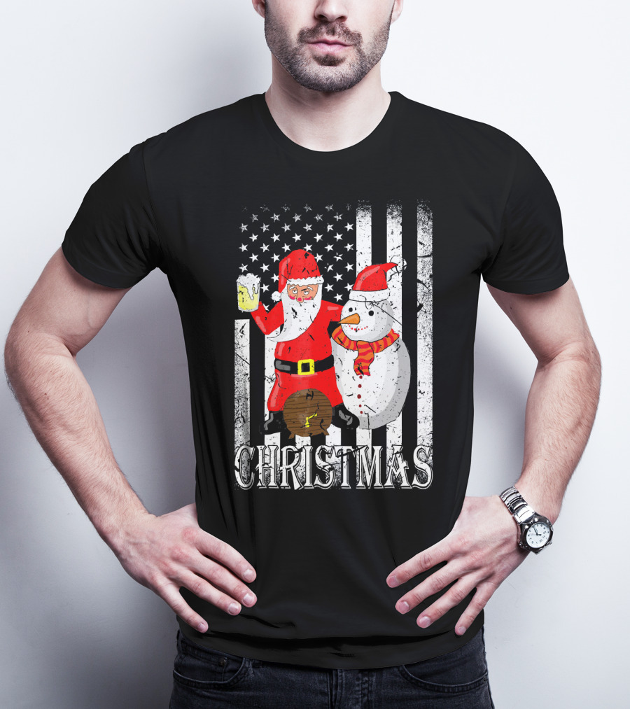 Christmas Santa Claus Snowman With Beer American Flag T-Shirt