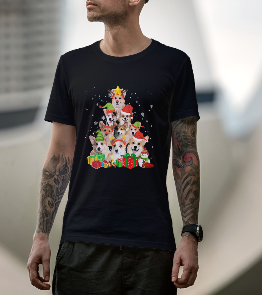Corgi Christmas Tree With Snowflakes And Holiday Hats T-Shirt