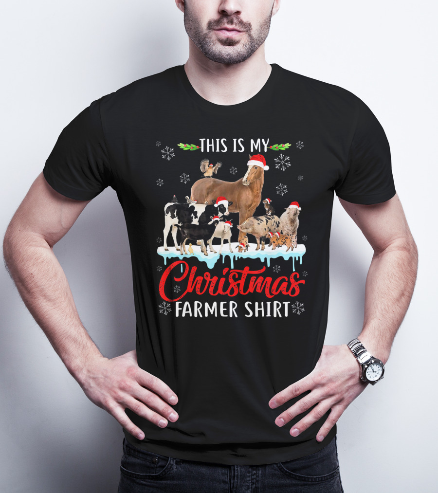 This Is My Christmas Farmer Shirt Santa Hat Animals Snowflakes T-Shirt