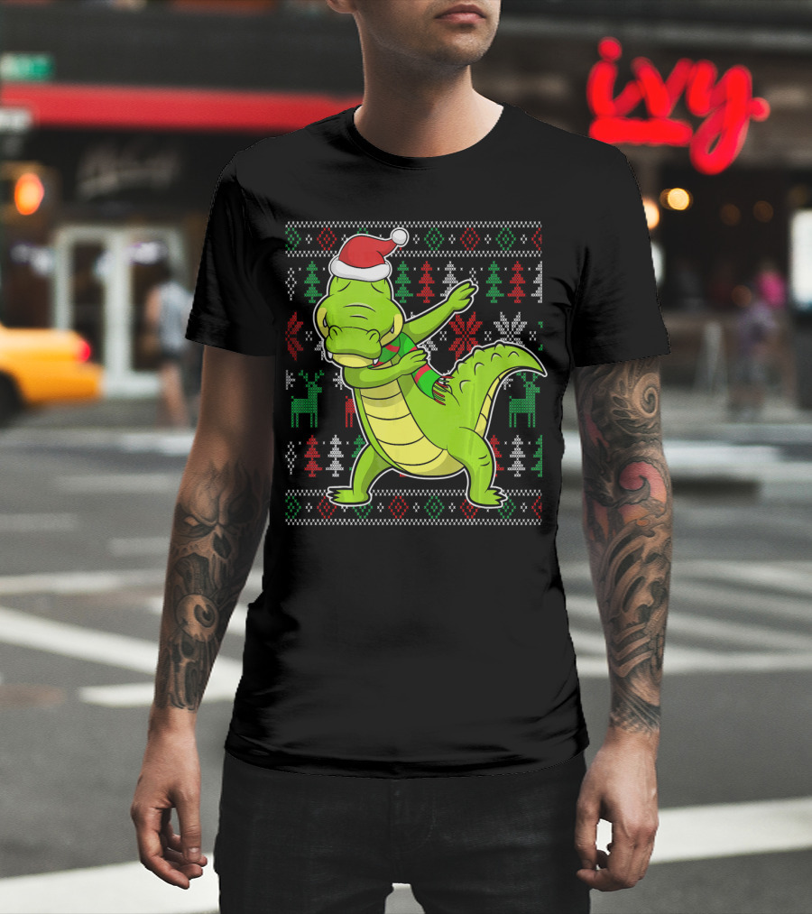 Ugly Christmas Dabbing Alligator Santa Hat Festive T-Shirt