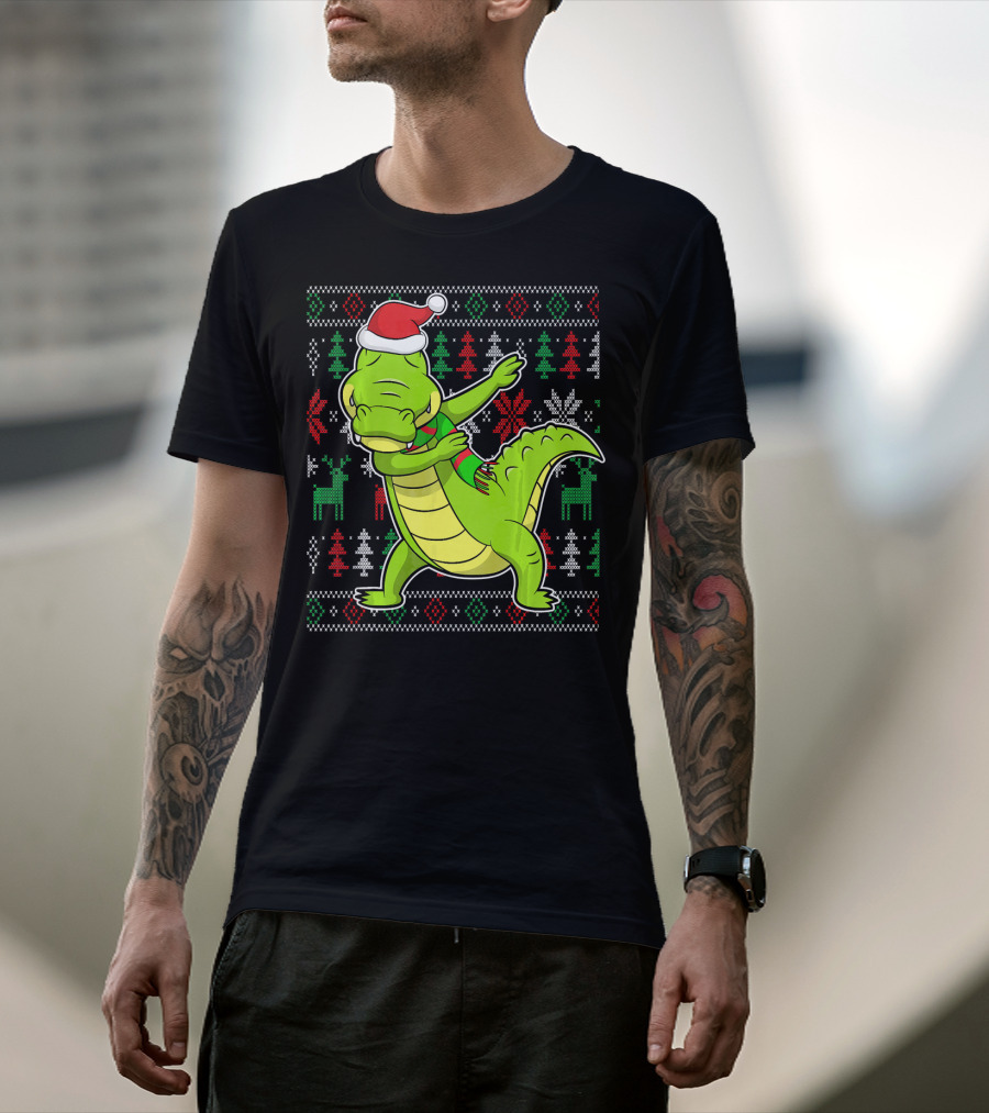 Ugly Christmas Dabbing Alligator Santa Hat Festive T-Shirt