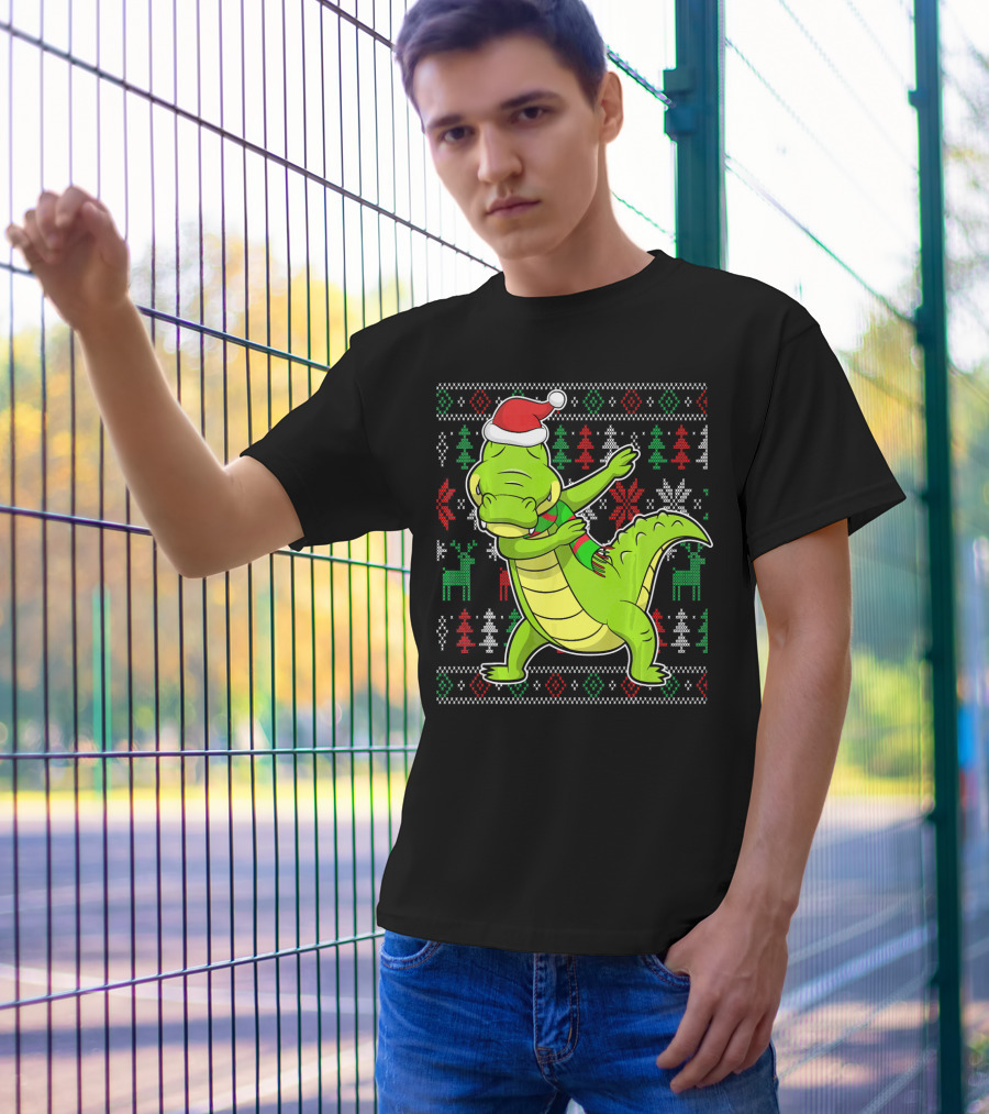 Ugly Christmas Dabbing Alligator Santa Hat Festive T-Shirt