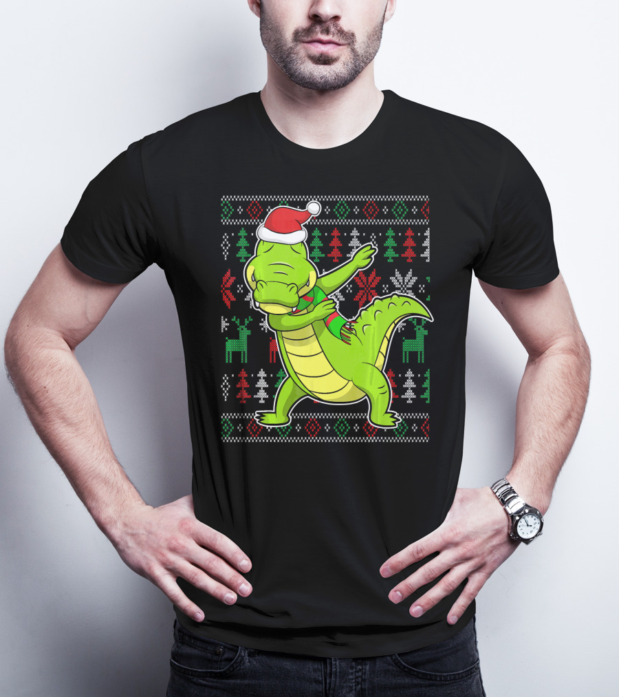 Ugly Christmas Dabbing Alligator Santa Hat Festive T-Shirt