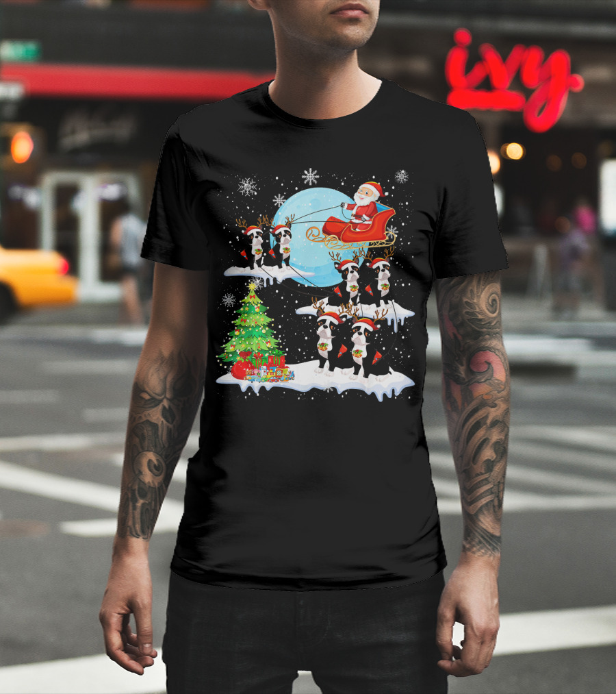Santa Sleigh With Boston Terrier Reindeer And Christmas Tree T-Shirt