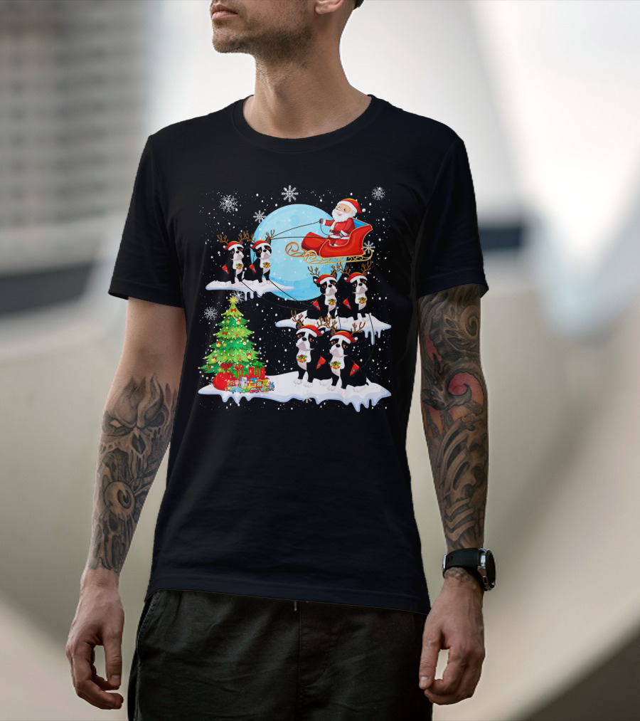 Santa Sleigh With Boston Terrier Reindeer And Christmas Tree T-Shirt