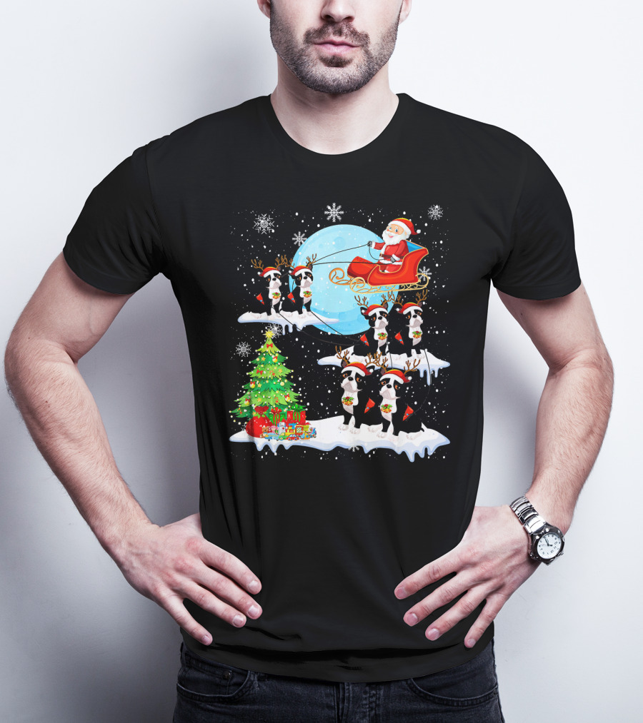 Santa Sleigh With Boston Terrier Reindeer And Christmas Tree T-Shirt