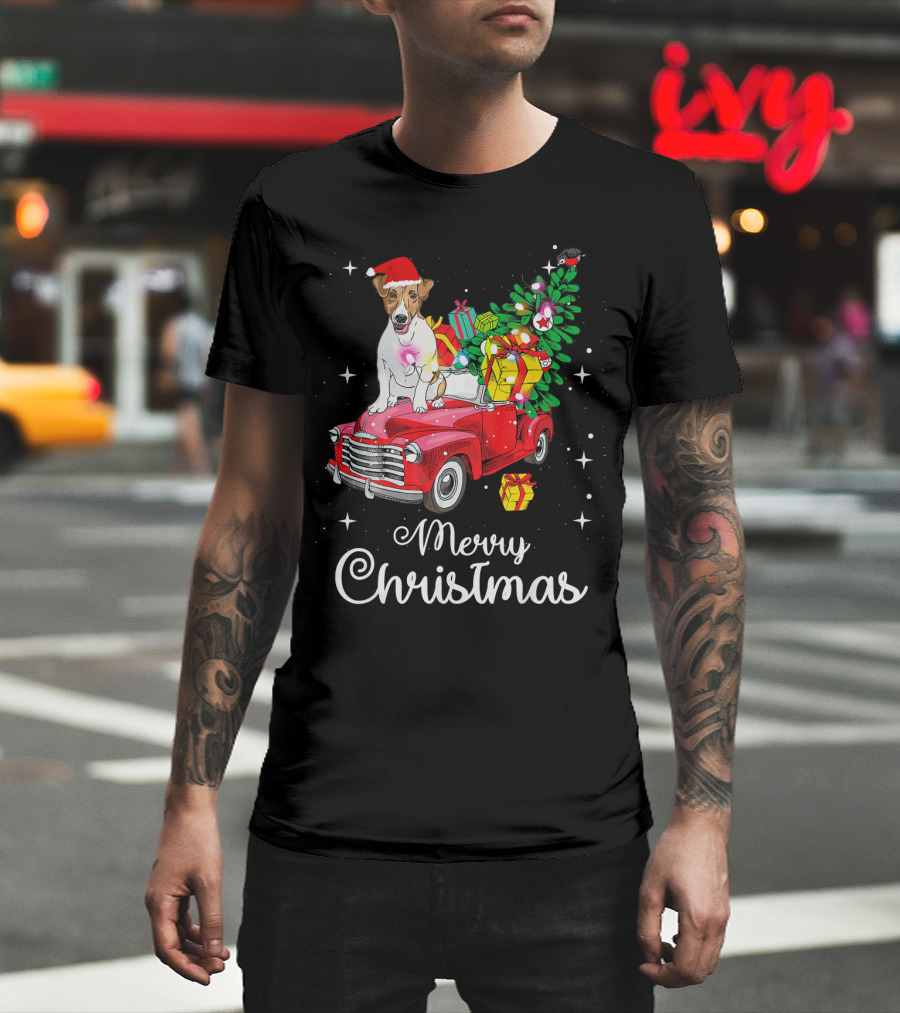 Merry Christmas Jack Russell Terrier Riding Red Truck With Gifts And Santa Hat T-Shirt