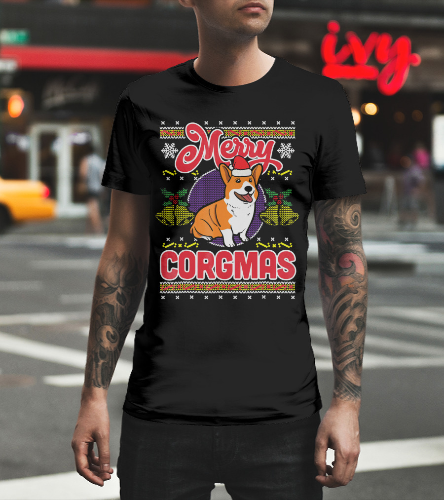 Merry Corgmas Ugly Christmas Corgi Dog Santa Hat Snowflakes Holiday T-Shirt