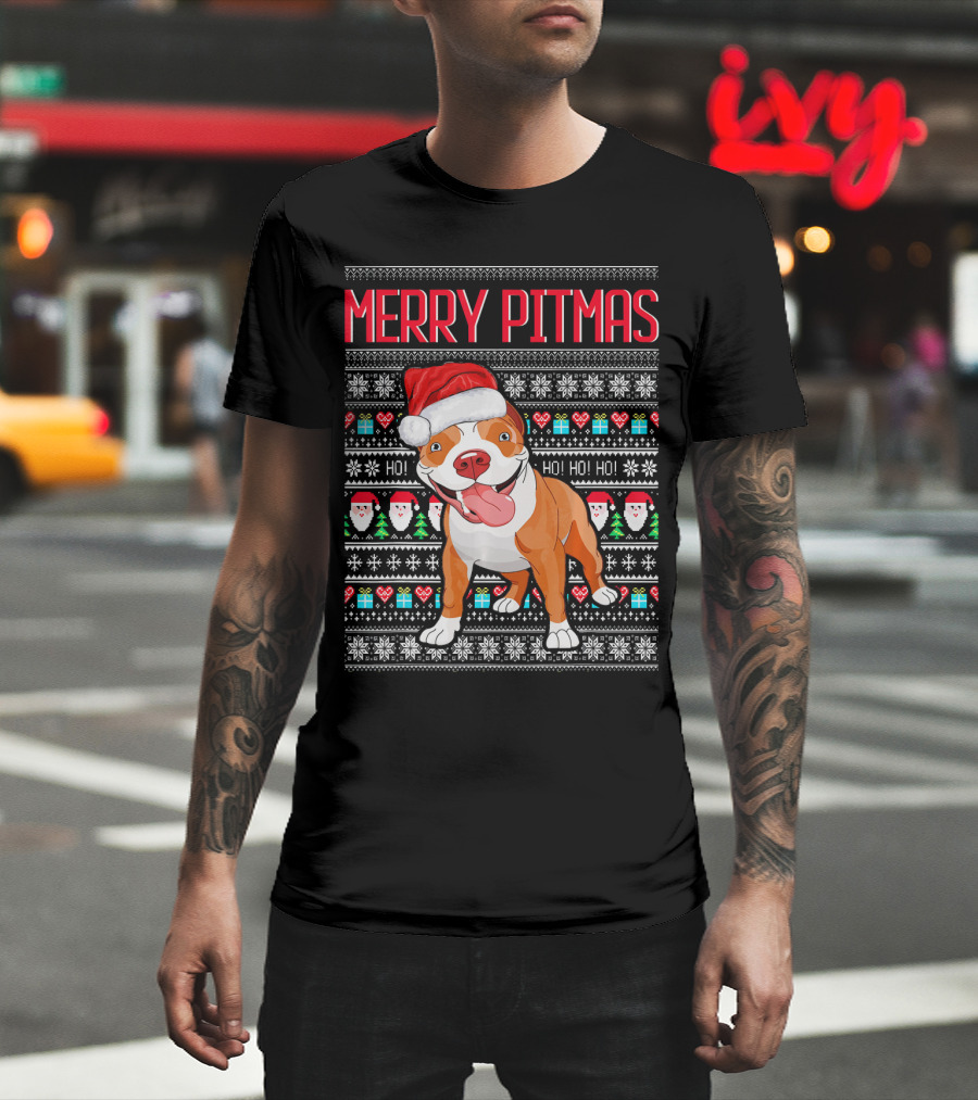 Merry Pitmas Santa Hat Dog Ho Ho Ho UglyStyle Christmas T-Shirt