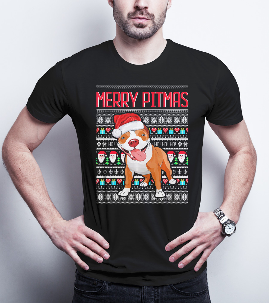 Merry Pitmas Santa Hat Dog Ho Ho Ho UglyStyle Christmas T-Shirt