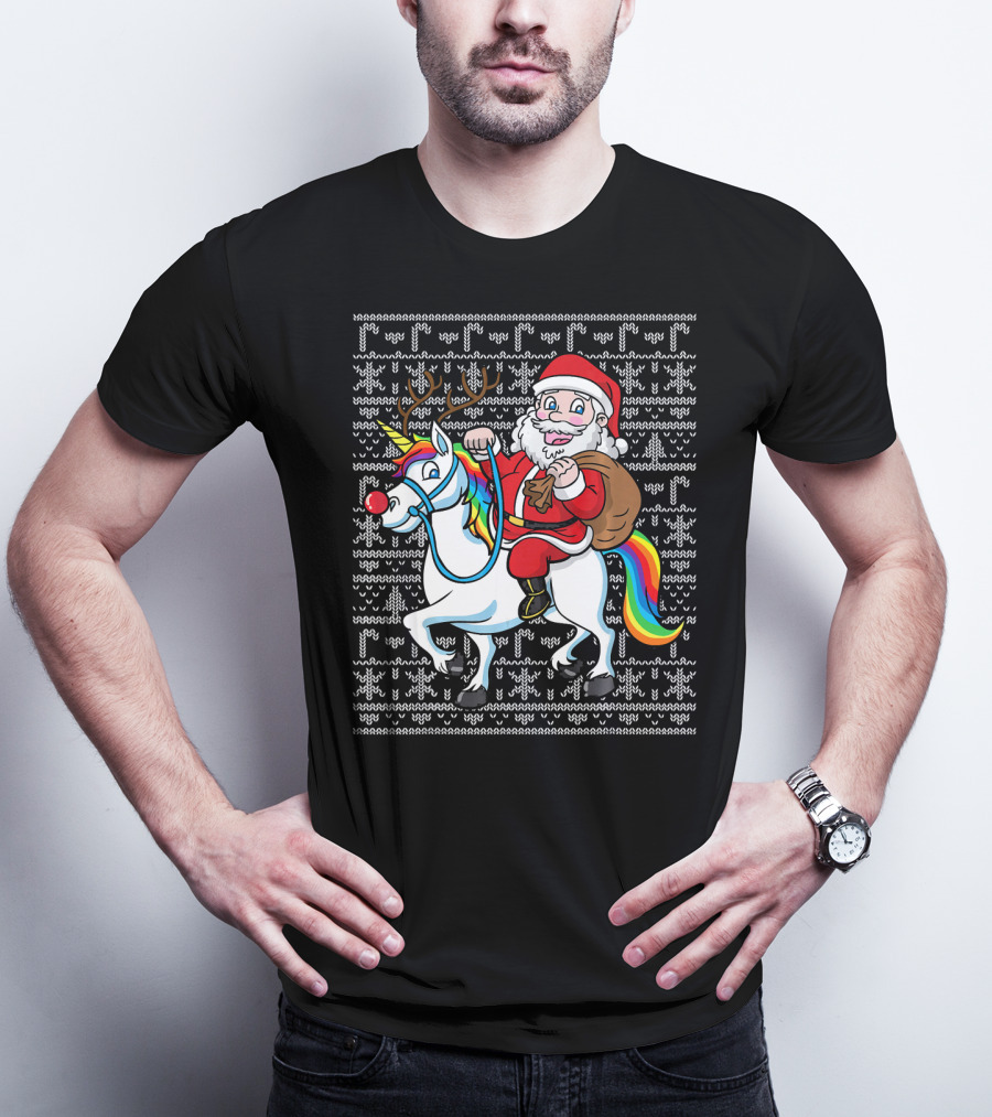 Santa Riding Reindeer-Antlered Rainbow Unicorn On Christmas T-Shirt