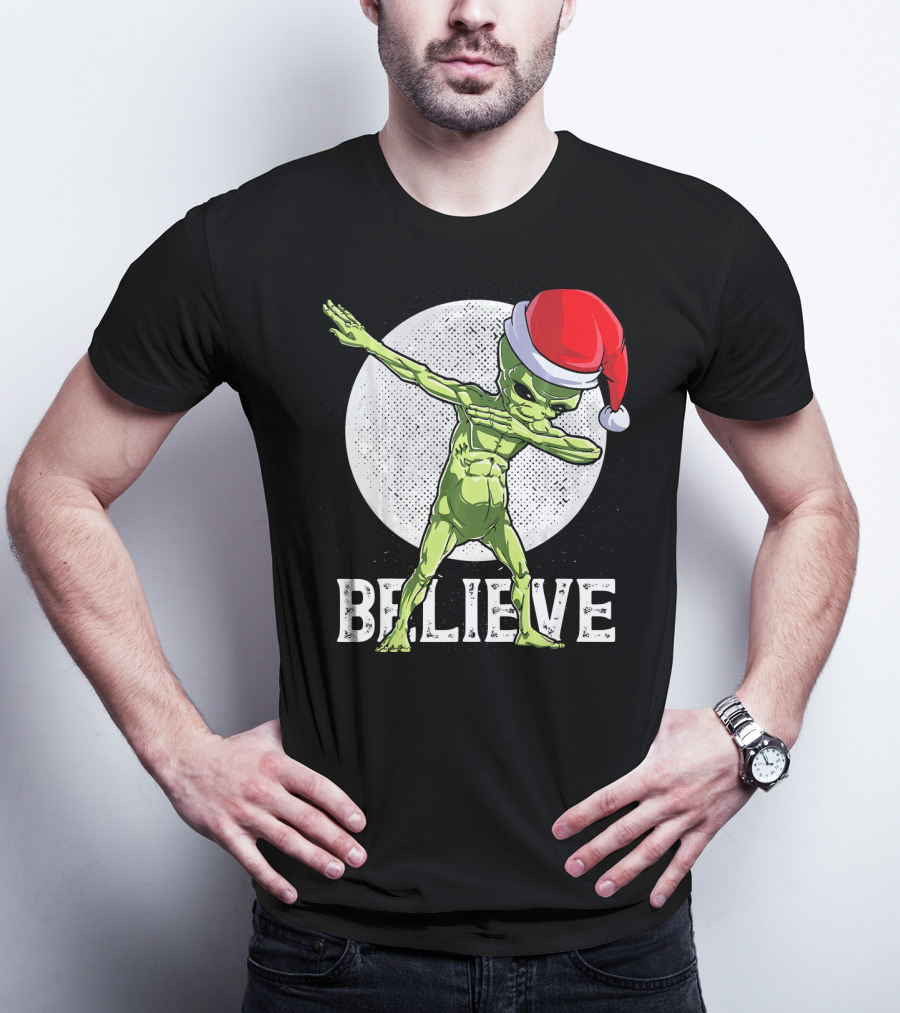 Believe Dabbing Alien Santa Hat Christmas Boys T-Shirt