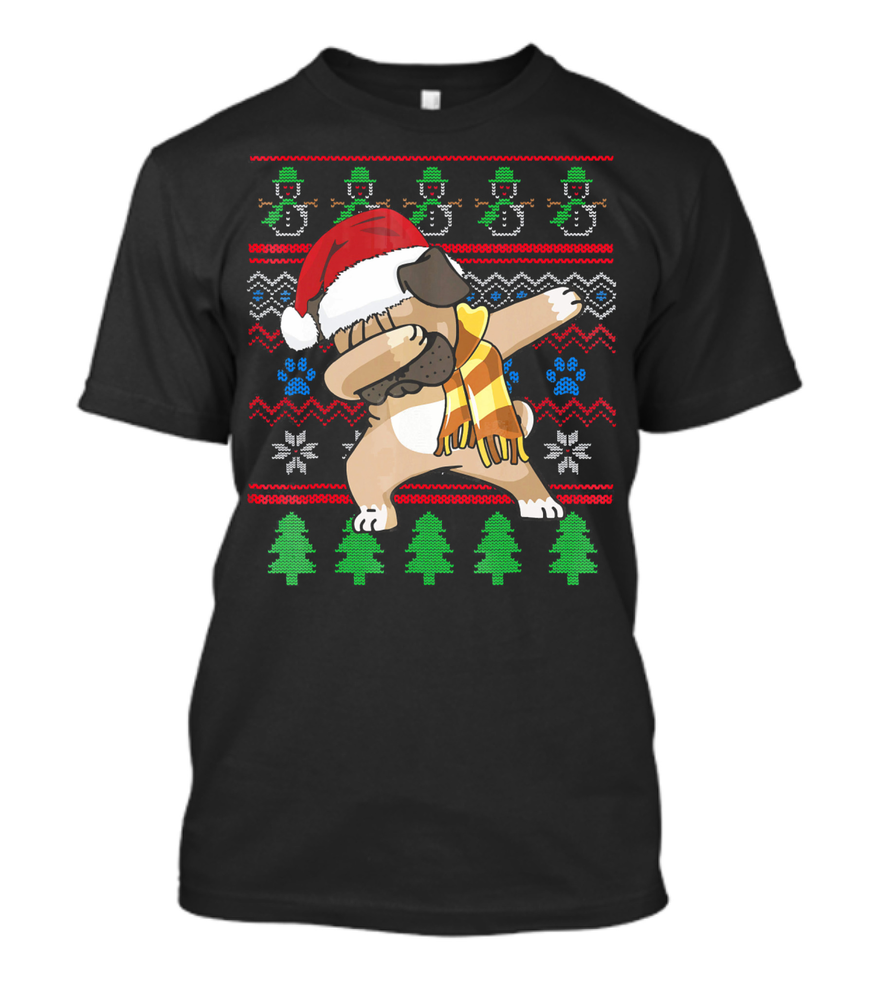Pug Dabbing Santa Hat Christmas Snowman Tree Pattern UglyStyle T-Shirt
