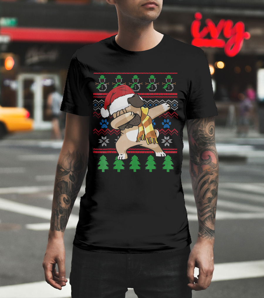 Pug Dabbing Santa Hat Christmas Snowman Tree Pattern UglyStyle T-Shirt
