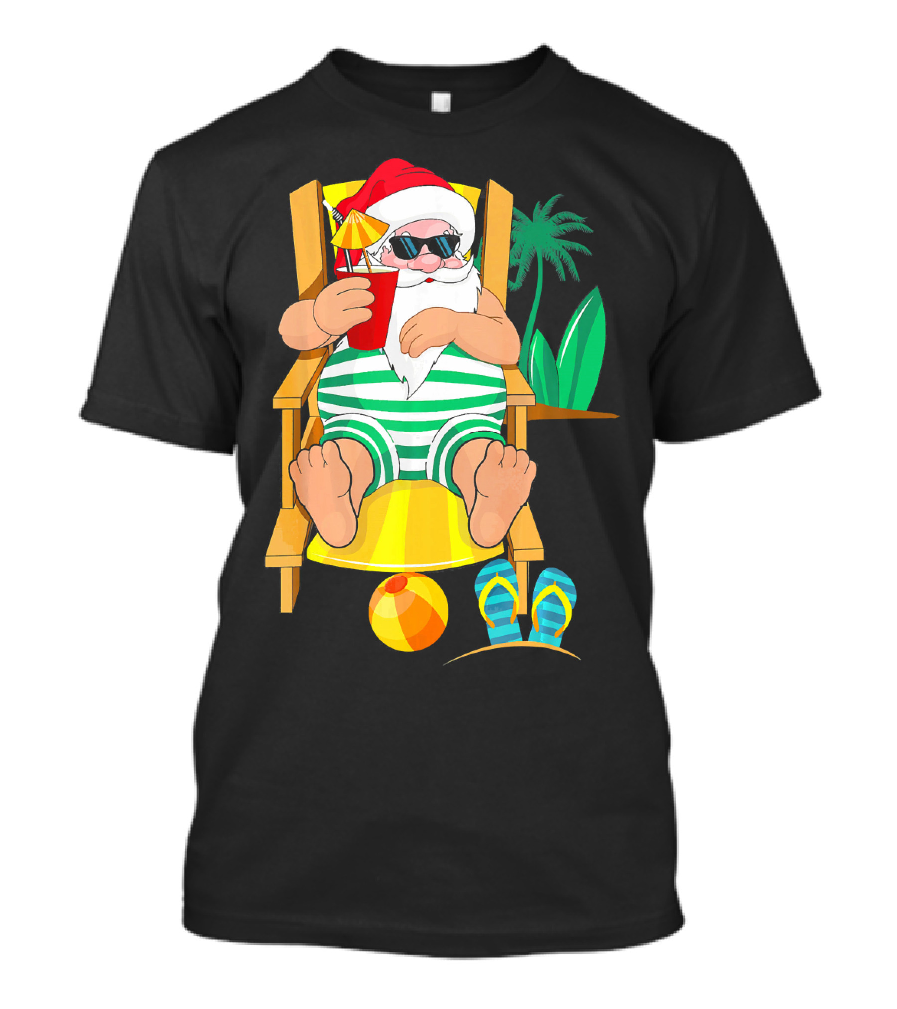 Christmas In July Santa Relaxing On Beach Chair With Cocktail And Palm Tree T-Shirt