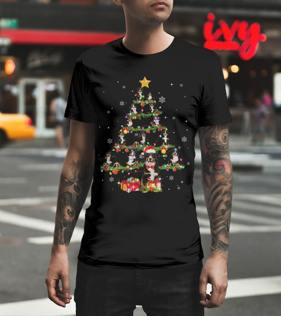 Bernese Mountain Dog Christmas Tree With Santa Hat And Gifts T-Shirt