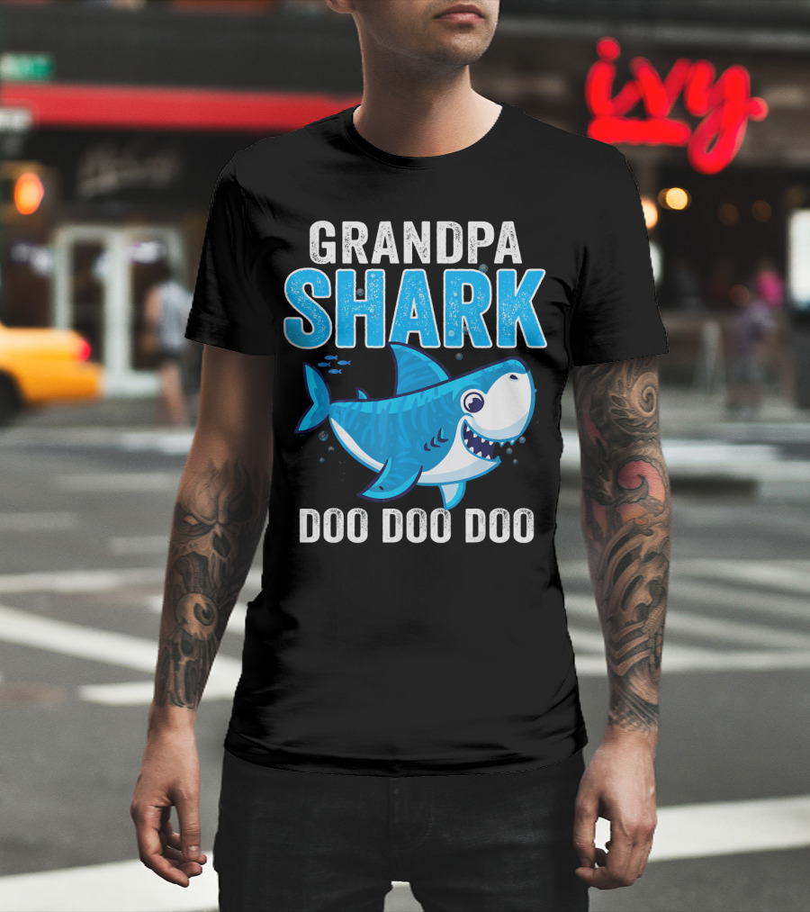 Grandpa Shark Doo Doo Doo Bright Blue Cartoon Shark T-Shirt