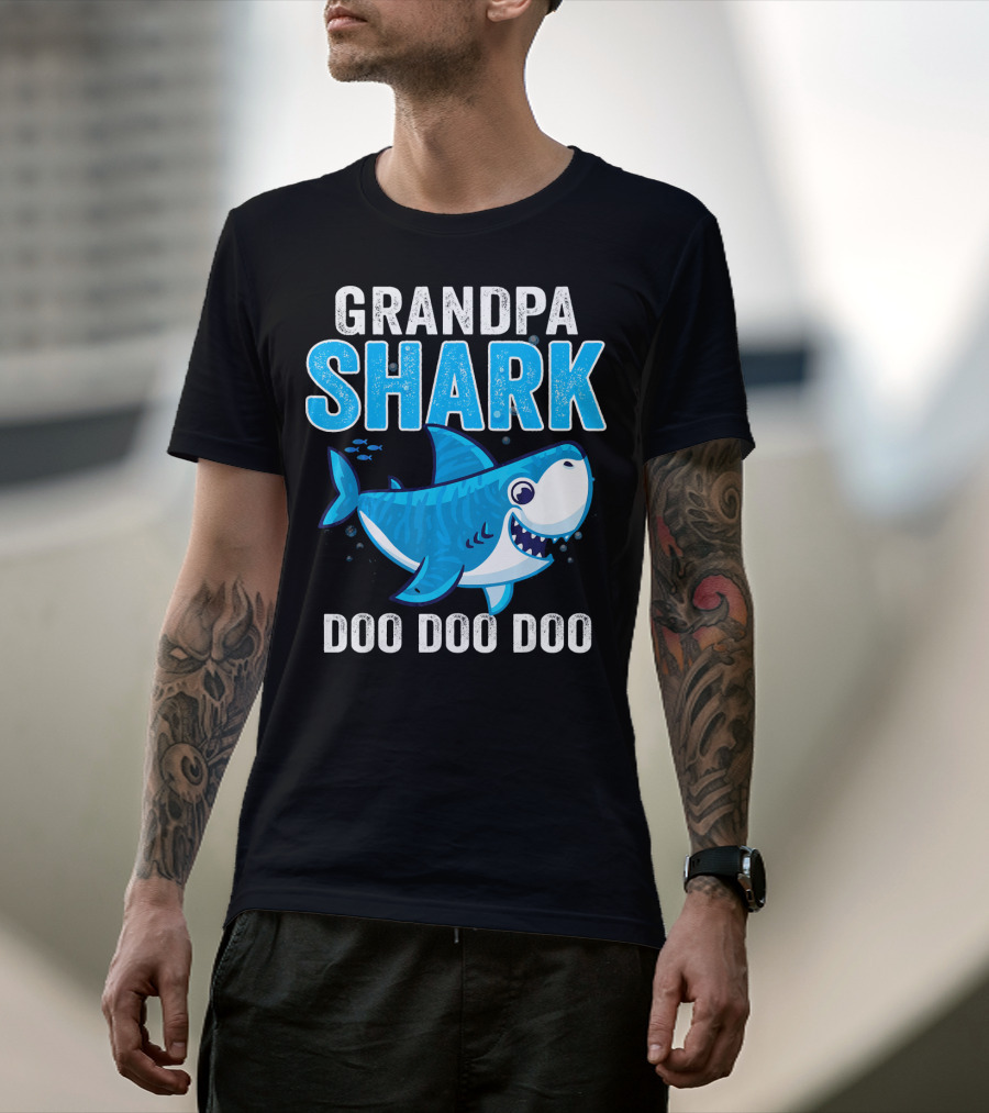 Grandpa Shark Doo Doo Doo Bright Blue Cartoon Shark T-Shirt