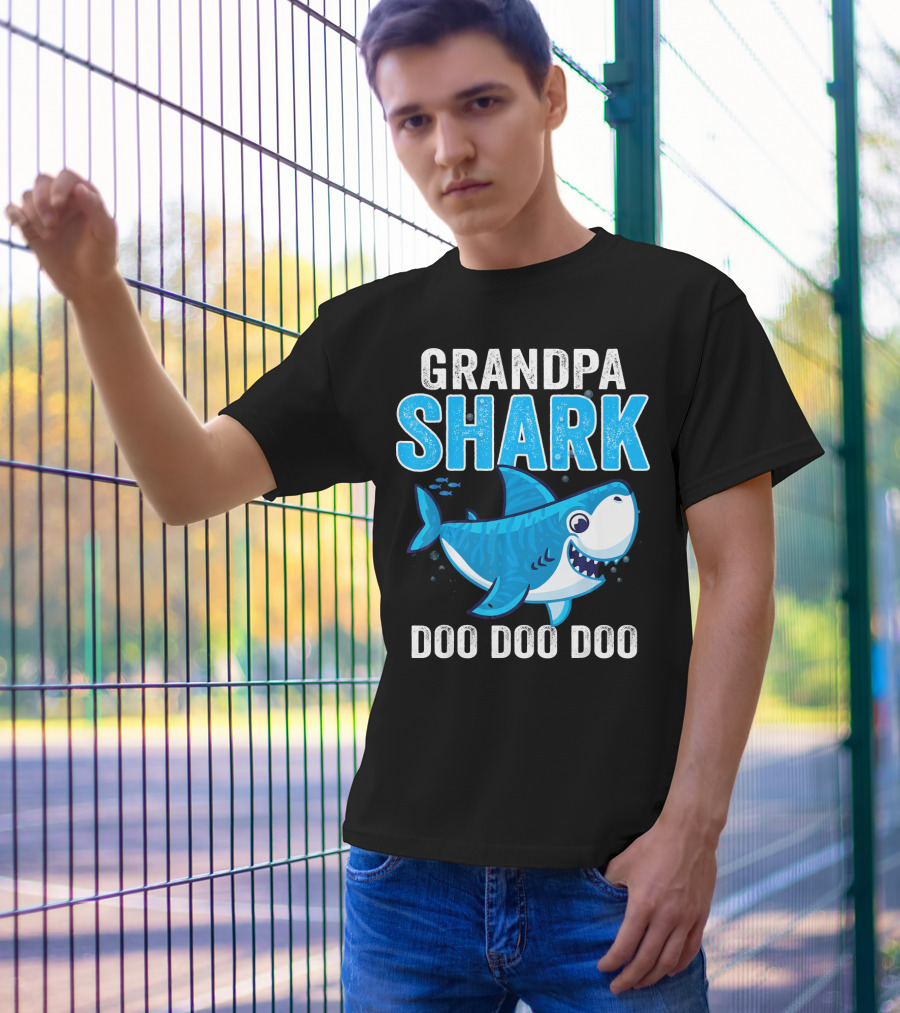 Grandpa Shark Doo Doo Doo Bright Blue Cartoon Shark T-Shirt