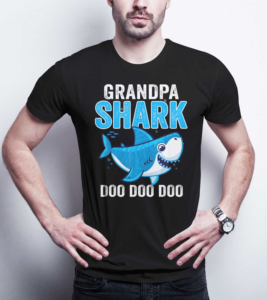 Grandpa Shark Doo Doo Doo Bright Blue Cartoon Shark T-Shirt