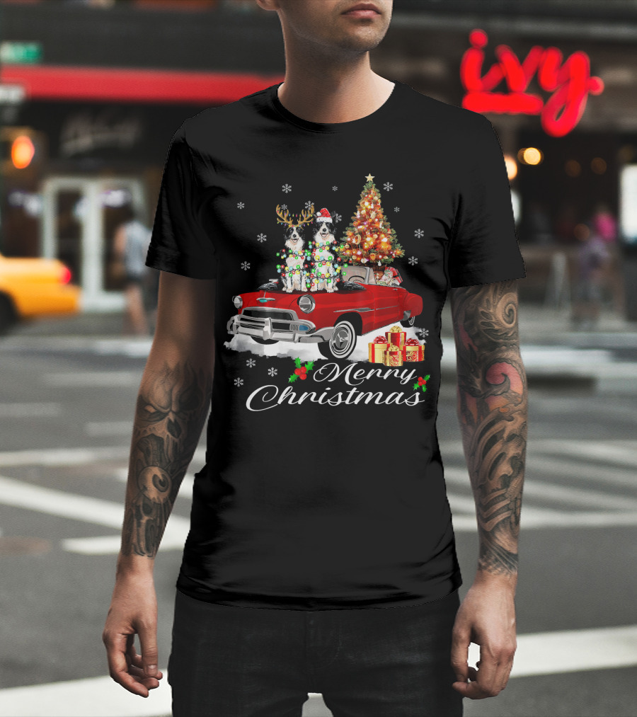 Merry Christmas Border Collie On Red Holiday Truck With Gifts And Tree T-Shirt