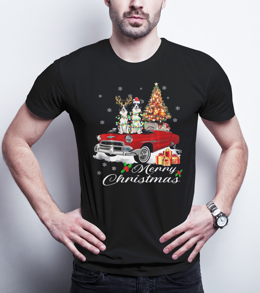 Merry Christmas Border Collie On Red Holiday Truck With Gifts And Tree T-Shirt