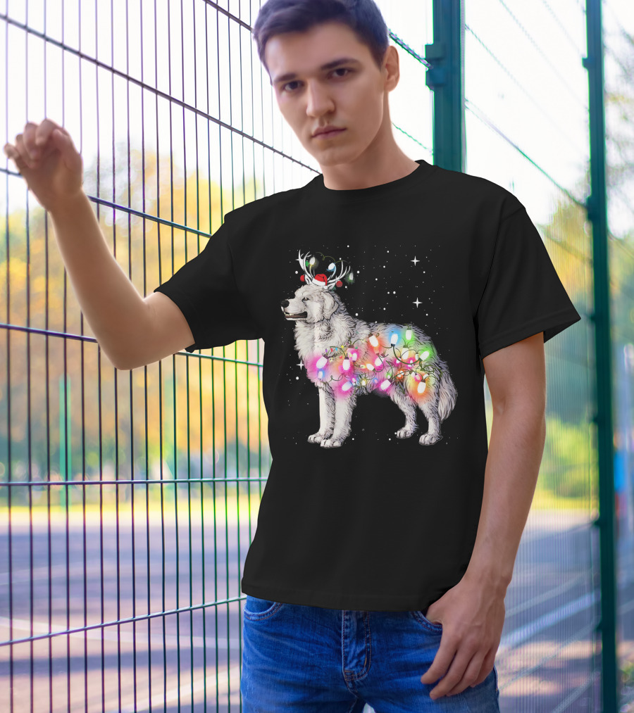 Christmas Lights Great Pyrenees With Reindeer Antlers And Santa Hat T-Shirt