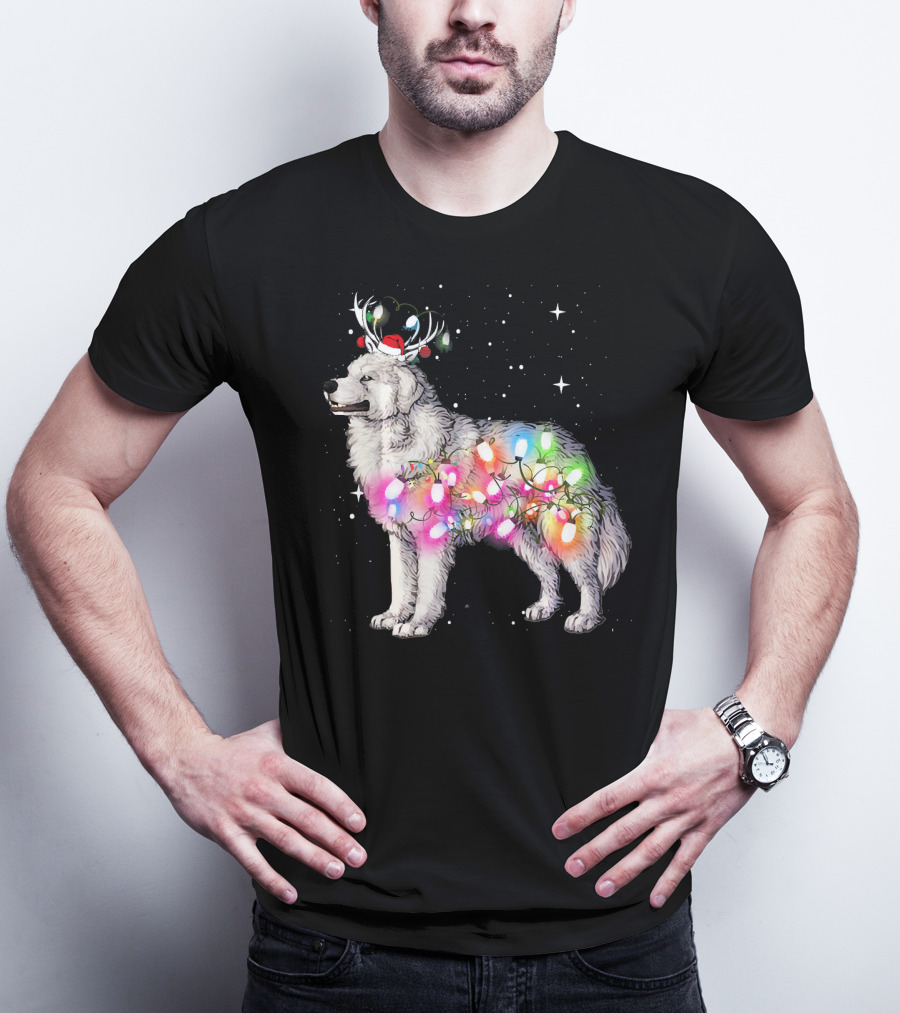 Christmas Lights Great Pyrenees With Reindeer Antlers And Santa Hat T-Shirt
