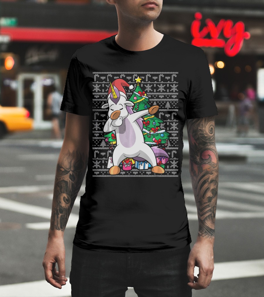 Unicorn Dabbing In Santa Hat By The Christmas Tree With Gifts T-Shirt