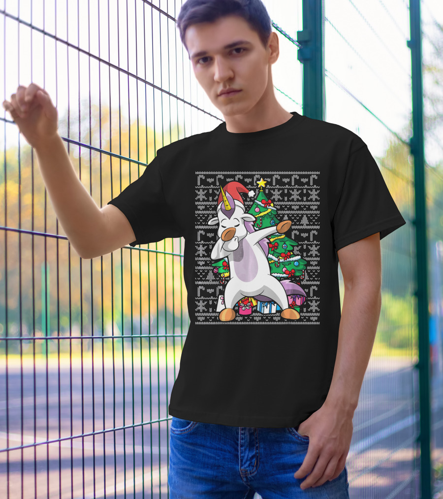 Unicorn Dabbing In Santa Hat By The Christmas Tree With Gifts T-Shirt