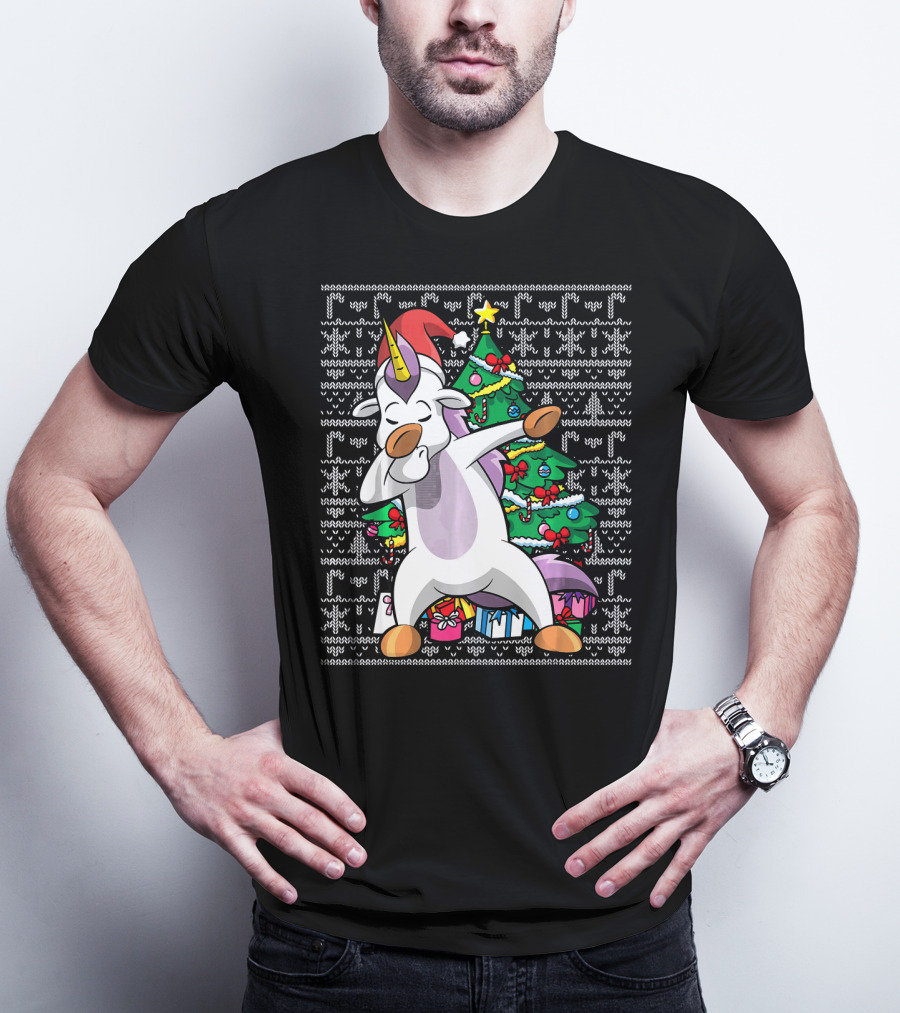 Unicorn Dabbing In Santa Hat By The Christmas Tree With Gifts T-Shirt